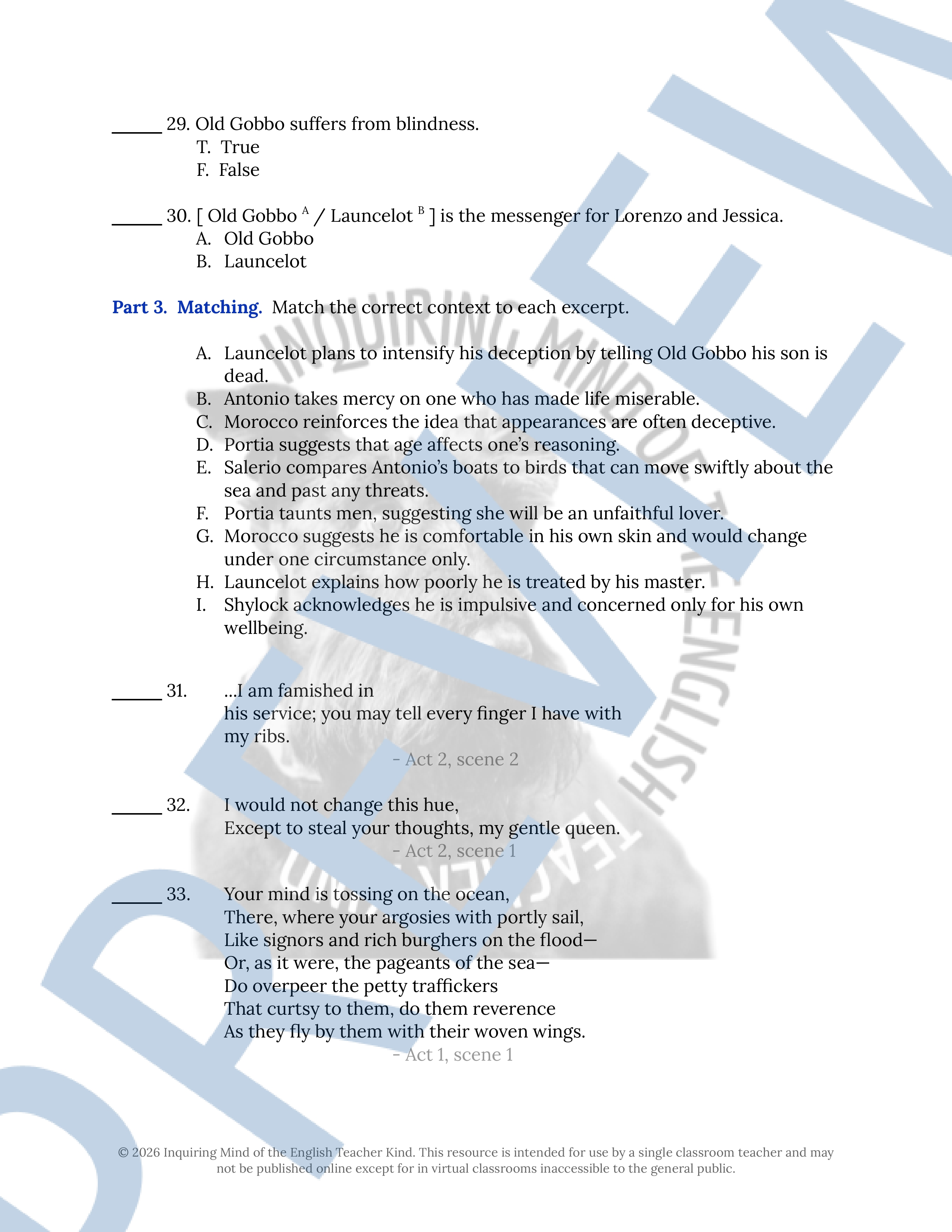 Shakespeare's Merchant of Venice Test and Answer Key | Final Exam ...
