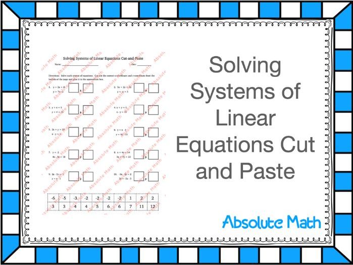 Solving Systems Of Linear Equations Cut And Paste Teaching Resources
