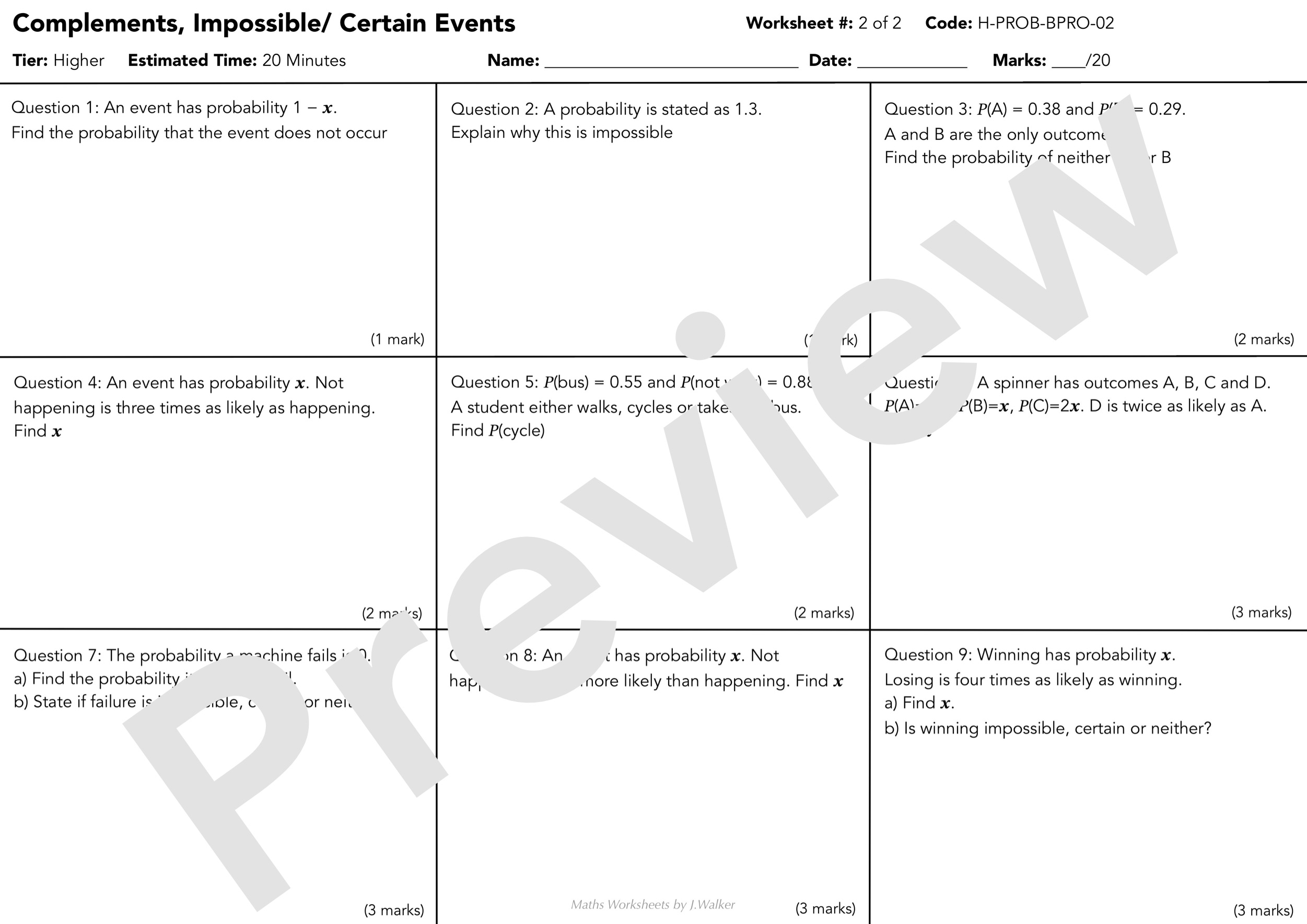 GCSE Maths Worksheet: Complements, Impossible/ Certain Events - Higher ...