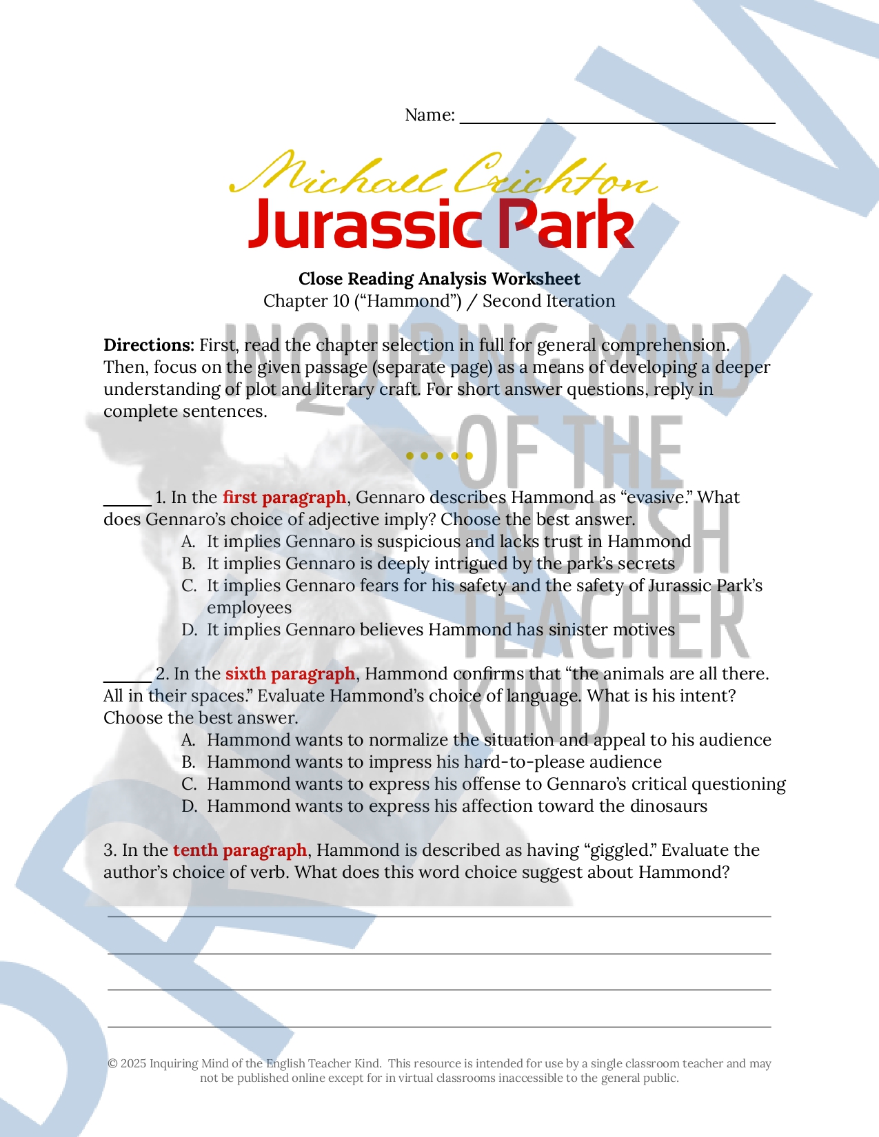 Jurassic Park by Michael Crichton Chapter 10 Close Reading Analysis ...