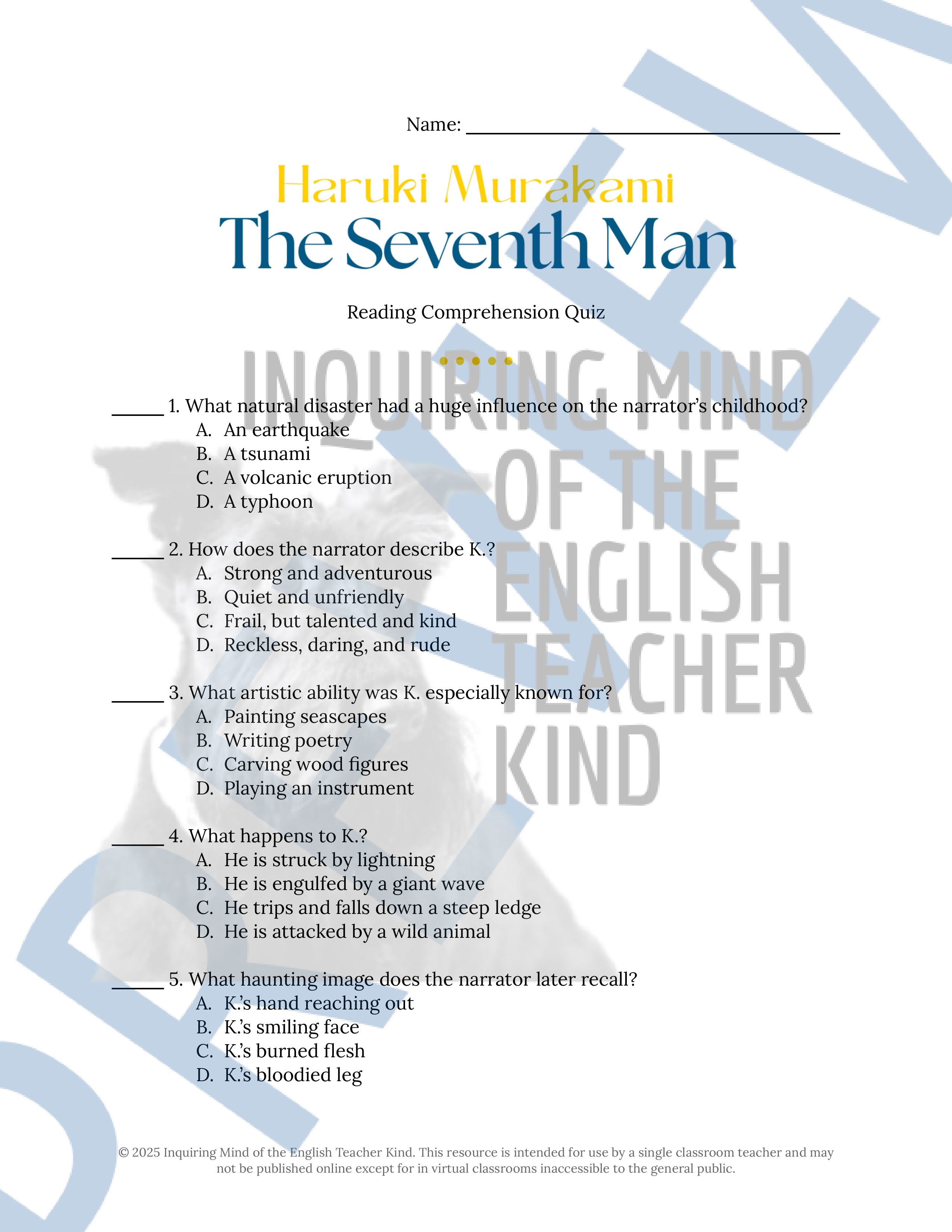 "The Seventh Man" by Haruki Murakami Quiz and Answer Key | Story of ...