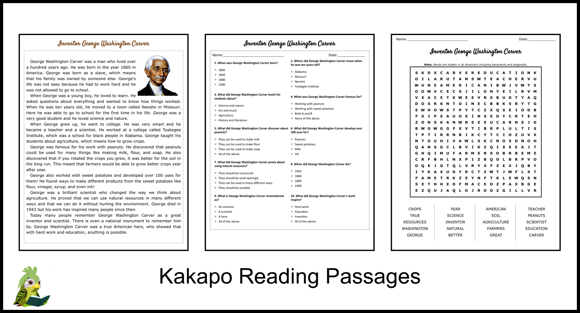 Inventor George Washington Carver Reading Comprehension and Word Search ...