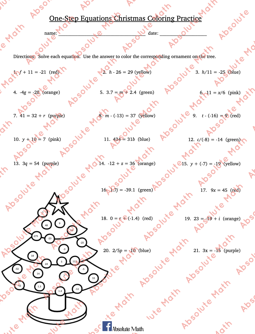 One Step Equations Christmas Coloring Practice | Teaching Resources