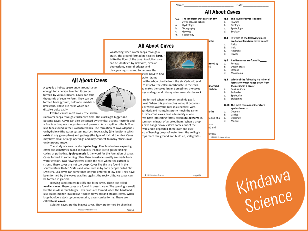 All About Caves Reading Comprehension Passage And Questions PDF