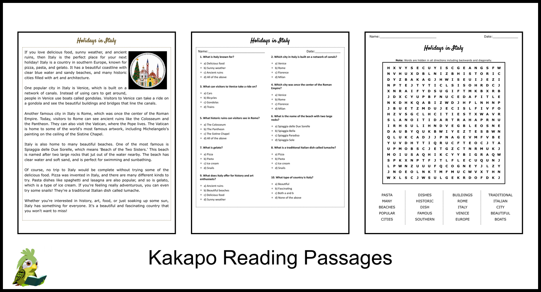 Holidays in Italy Reading Comprehension and Word Search | Teaching ...