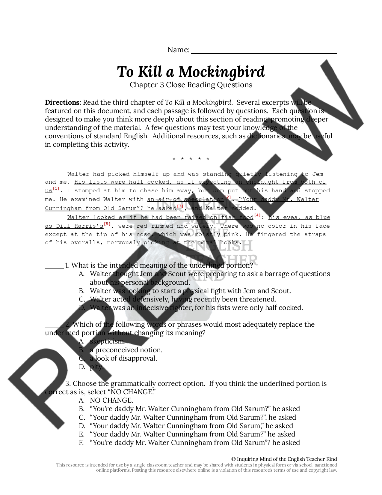 To Kill a Mockingbird Chapter 3 Close Reading Worksheet | Teaching ...
