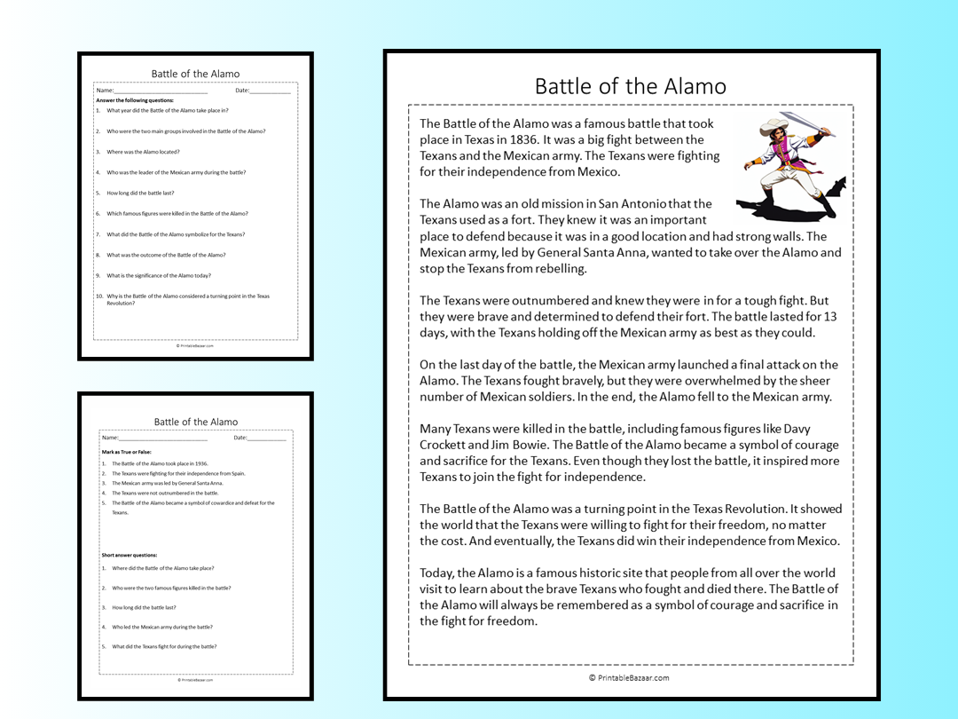 Battle of the Alamo Reading Comprehension Passage Printable Worksheet ...