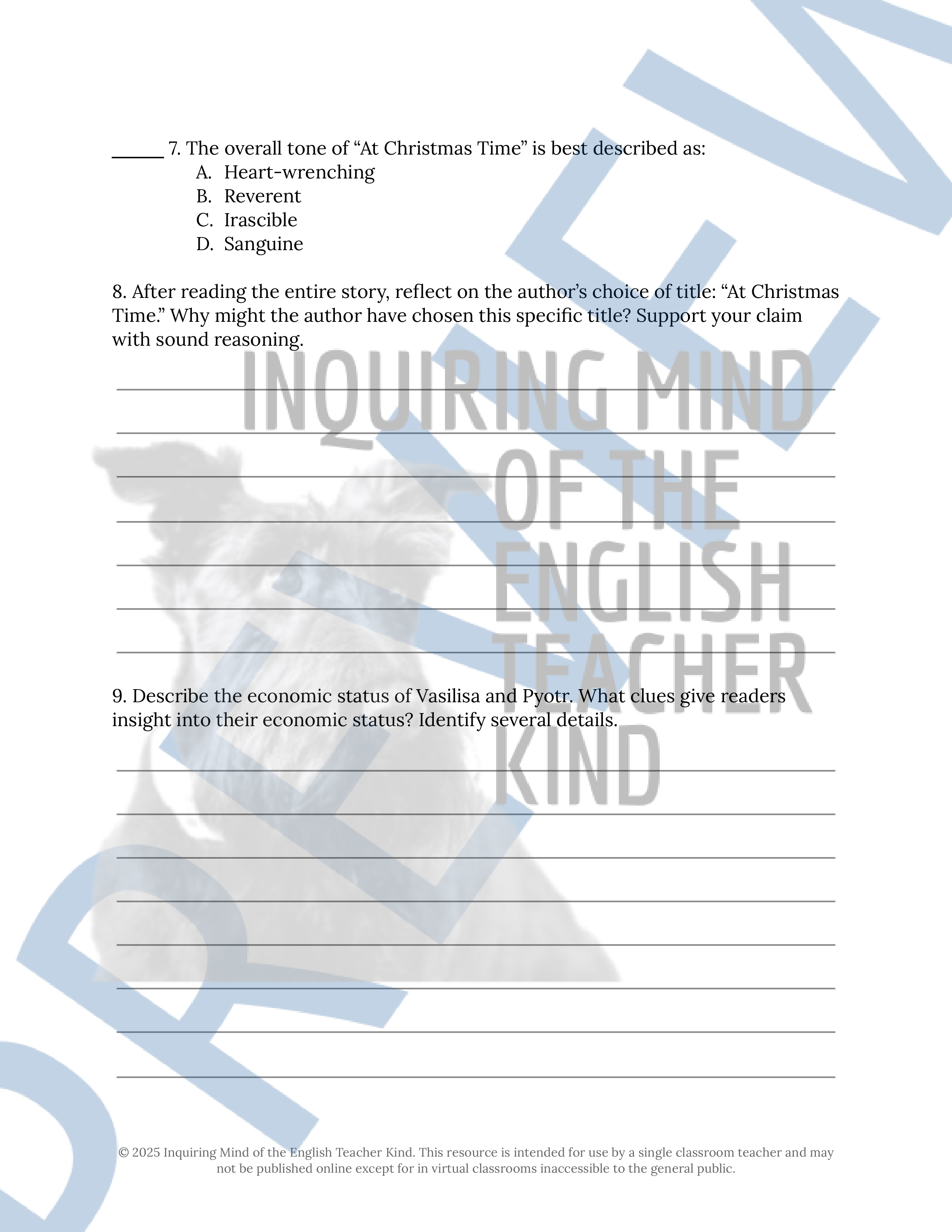 "At Christmas Time" by Anton Chekhov Analysis Worksheet and Answer Key ...