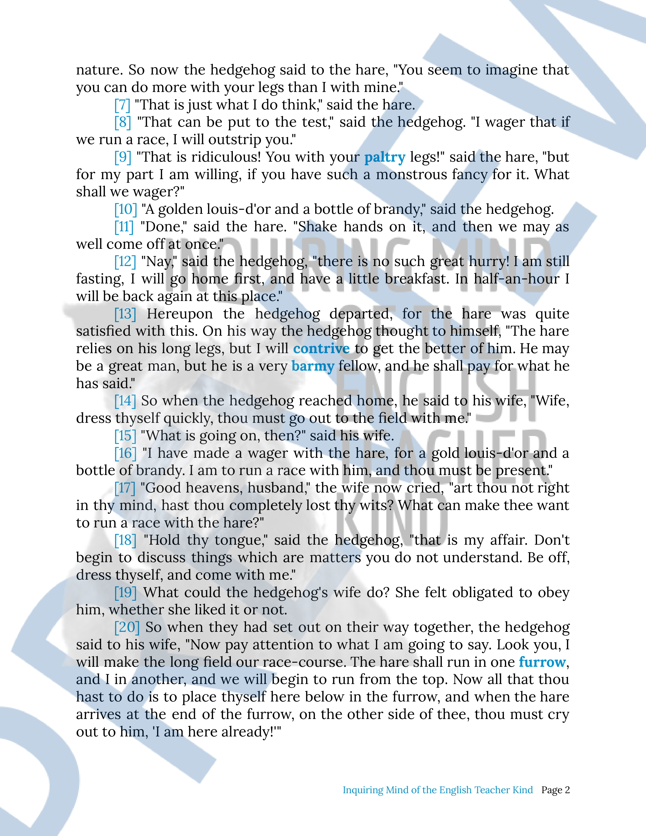 "The Hare and the Hedgehog" Quiz and Answer Key | Grimm's Fairy Tale ...