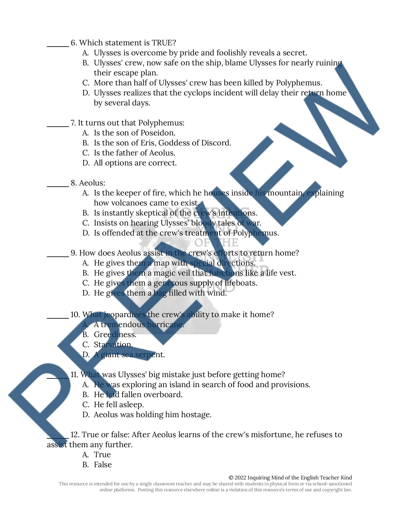Adventures of Ulysses Chapters 4 through 6 Quiz and Answer Key ...