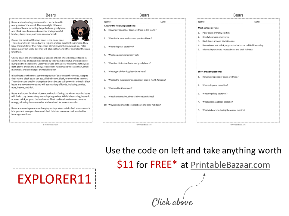 Bears Reading Comprehension Passage Printable Worksheet | Teaching ...