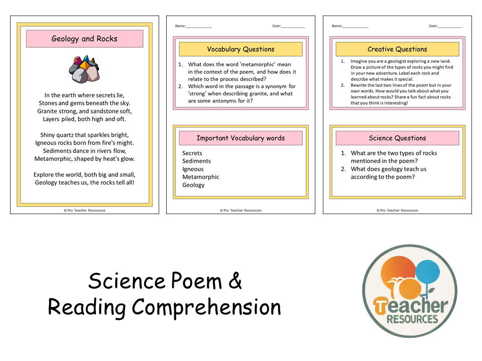 Geology and Rocks Poem Reading Comprehension Questions Worksheet ...