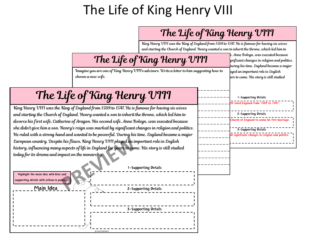 The Life of King Henry VIII | Main Idea and Supporting Details Reading ...