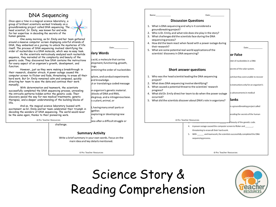 DNA Sequencing Reading Science Story Comprehension Questions Worksheet ...