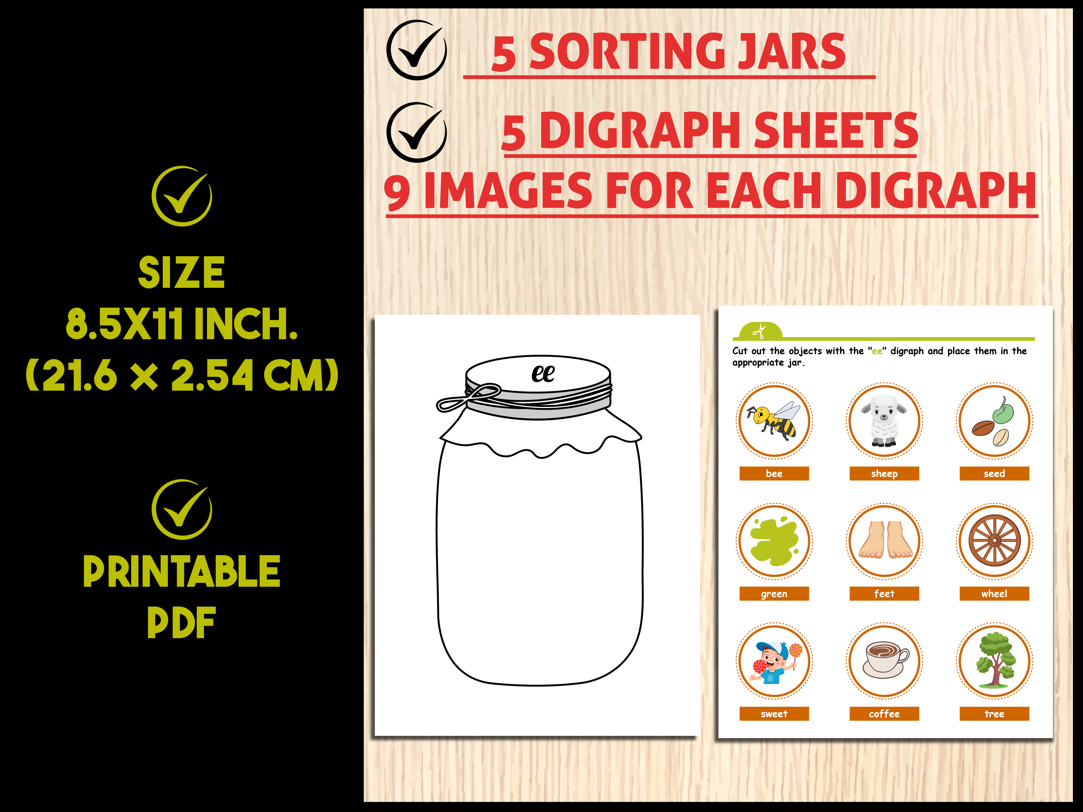 Printable Vowel Digraph Sorting Activity Jars | Long Vowels ee ie oy ai ...