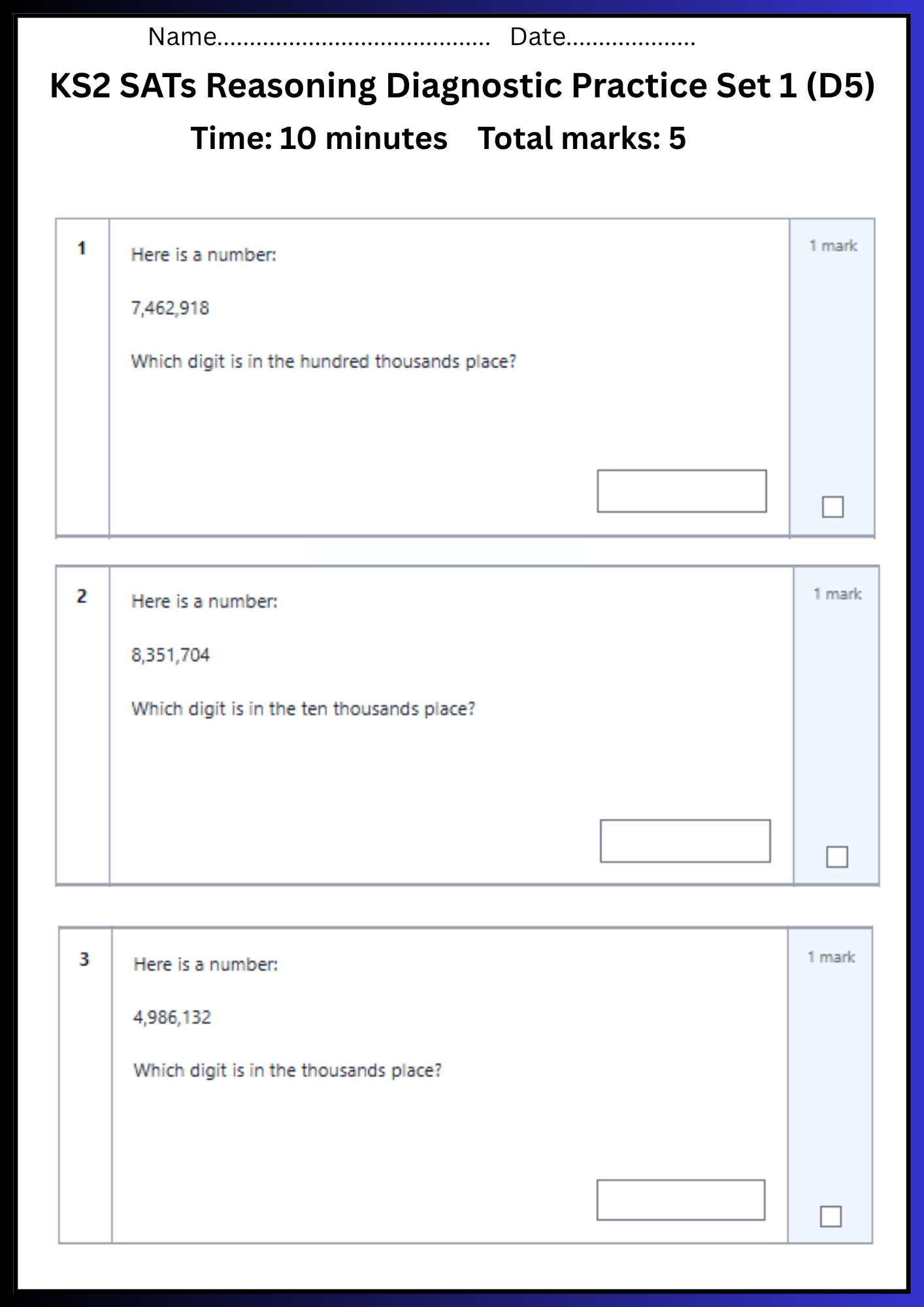 KS2 SATs Reasoning Diagnostic Practice (5Qs Set 1 for D5) with ...