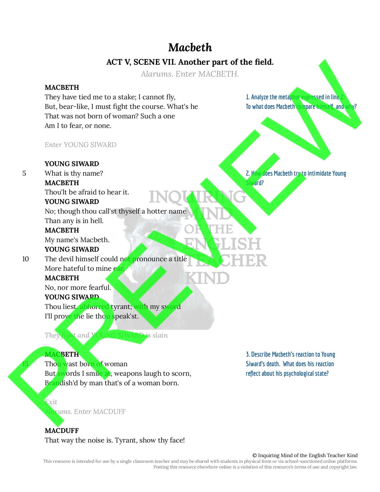 Macbeth Act 5 Scene 7 Close Reading Worksheet | Teaching Resources