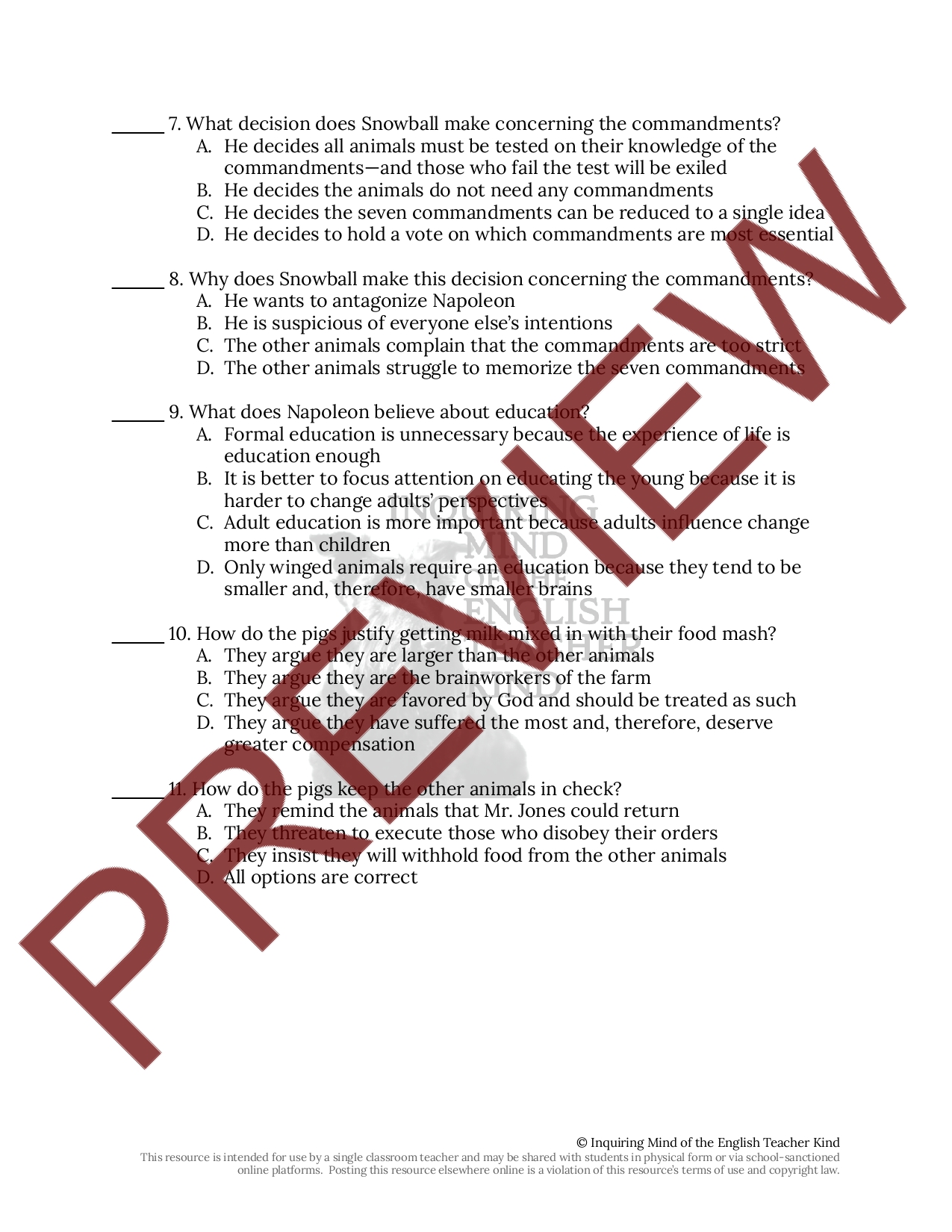 Animal Farm Chapter 3 Quiz and Answer Key | Teaching Resources
