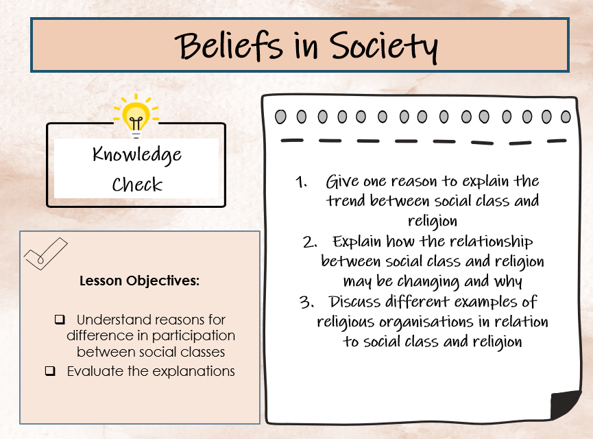 AQA A level Sociology - Beliefs in Society - Social class & Religion ...