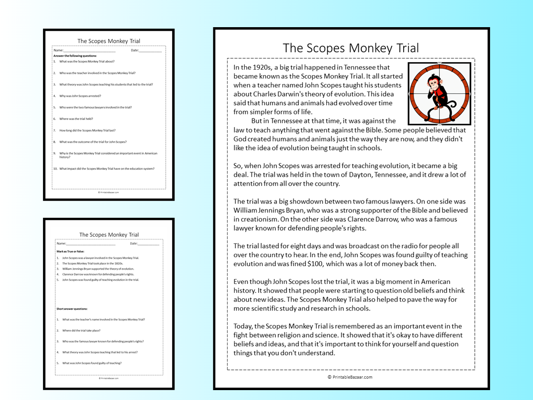 The Scopes Monkey Trial Reading Comprehension Passage Printable ...