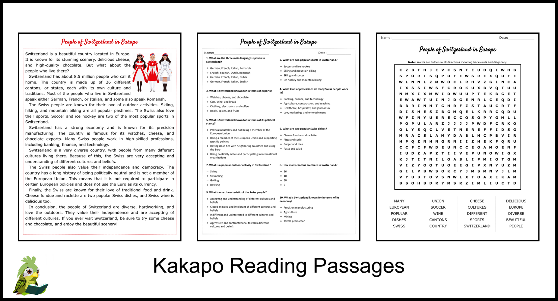 People of Switzerland in Europe Reading Comprehension and Word Search ...