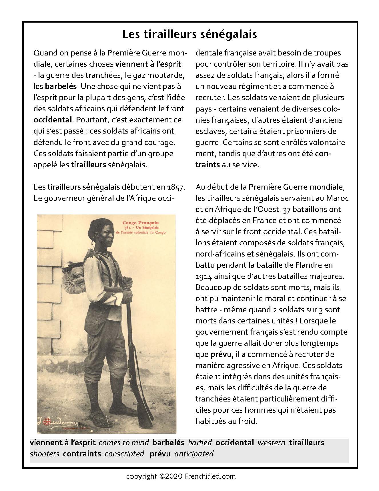 Les tirailleurs sénégalais - non-fiction French reading - intermediate ...