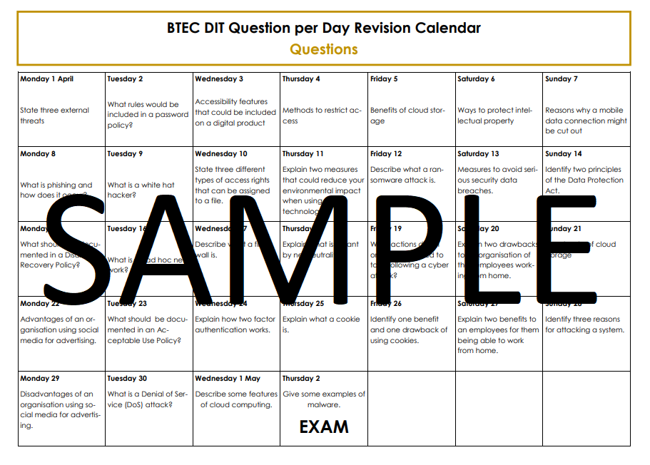 BTEC DIT component 3 revision calendar practice exam questions and ...