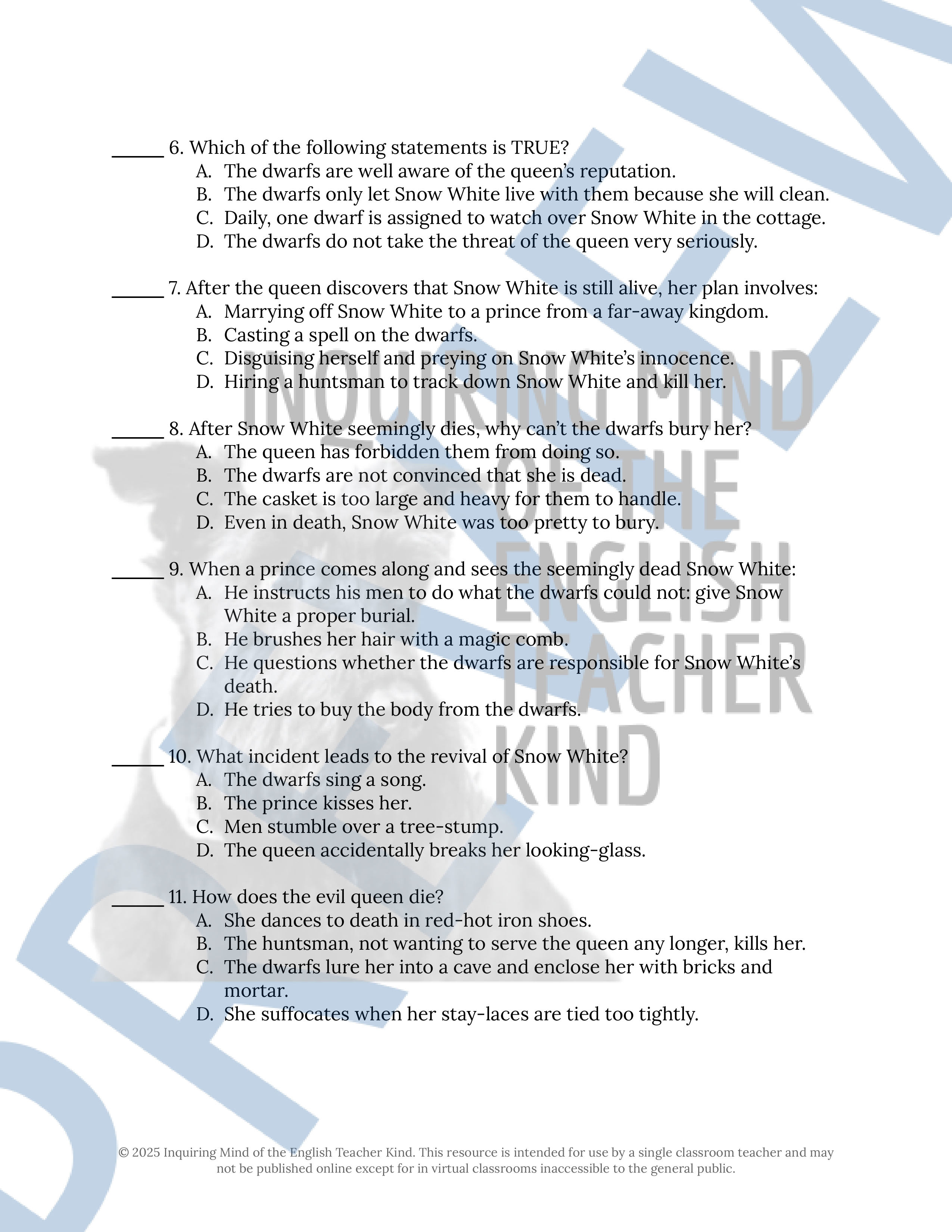 "Snow White and the Seven Dwarfs" Quiz and Answer Key (Grimm's Tale ...