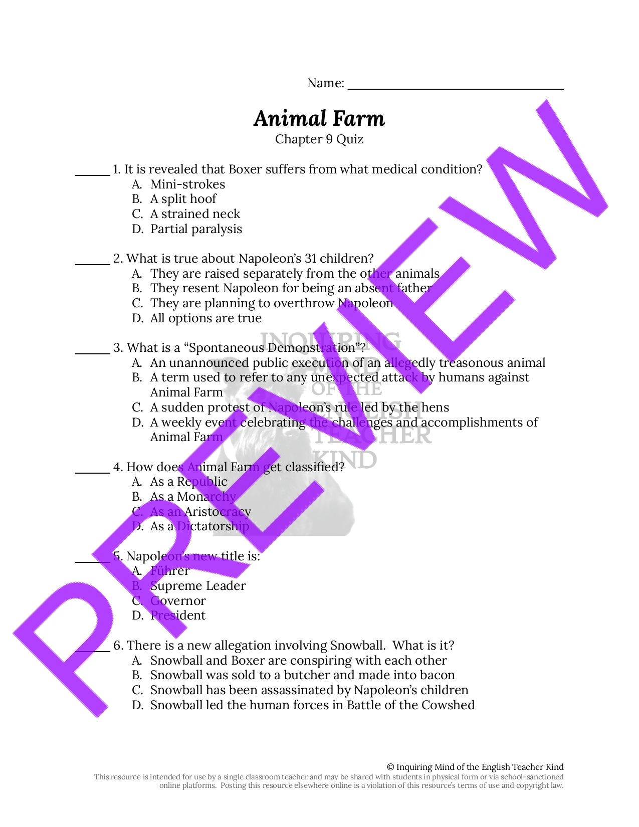 Animal Farm Chapter 9 Quiz and Answer Key | Teaching Resources