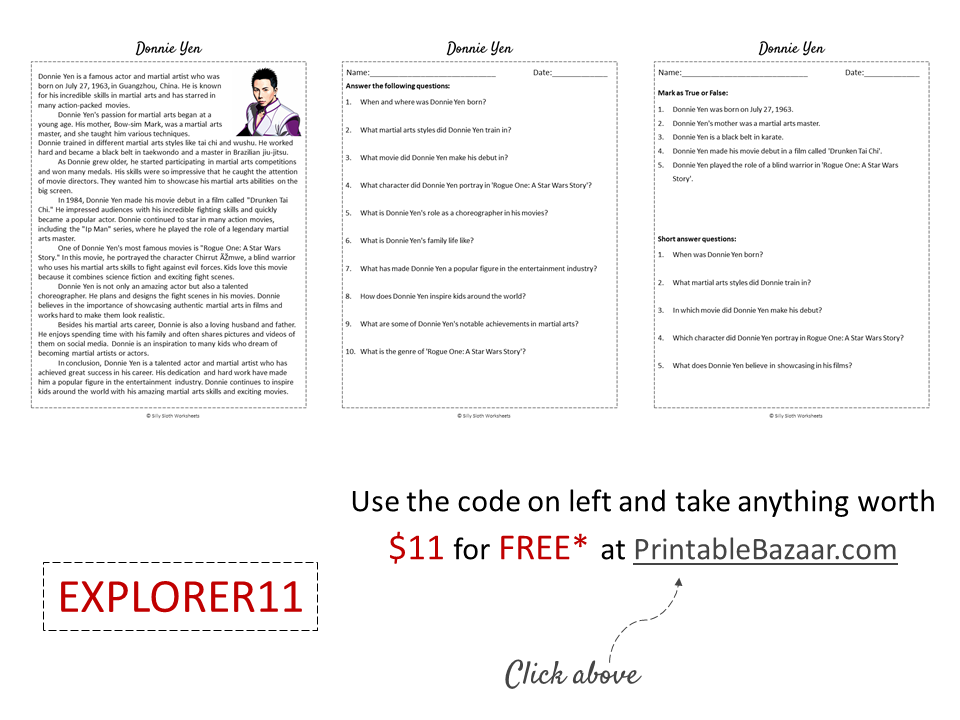 Donnie Yen Biography Reading Comprehension Passage Printable Worksheet ...