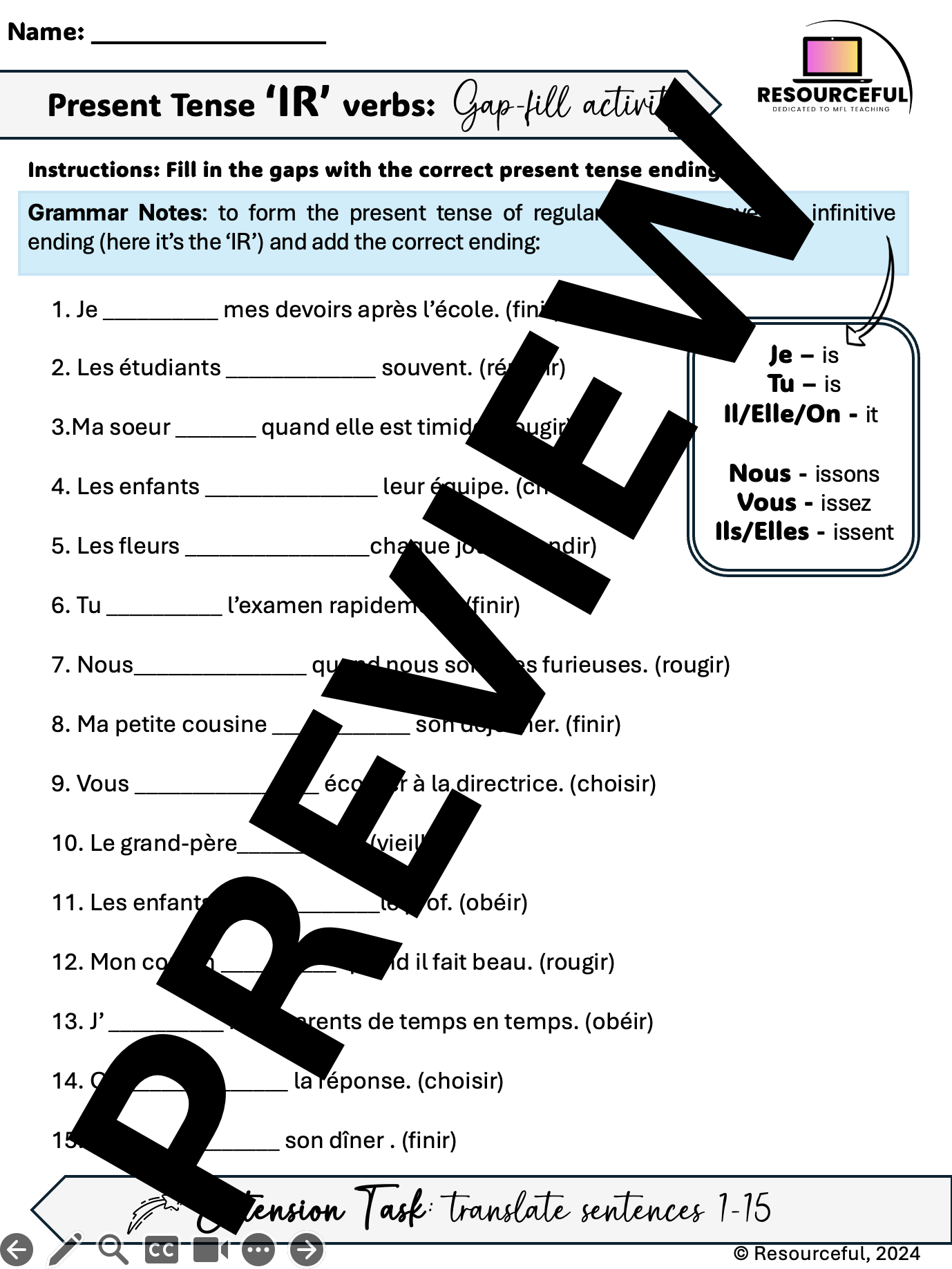French Present Tense Verbs Grammar ER/IR/RE Gapfill Worksheets ...