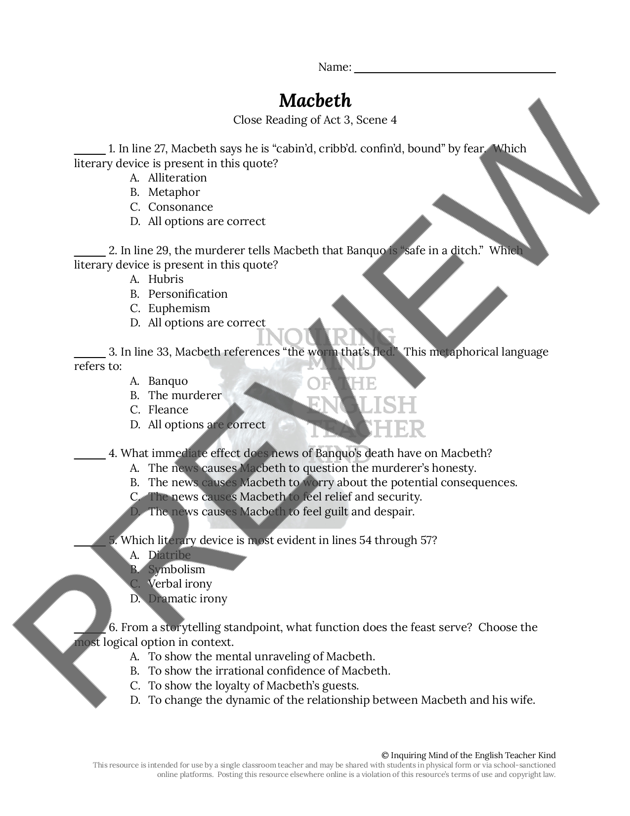 Macbeth Act 3 Scene 4 Close Reading Worksheet | Teaching Resources