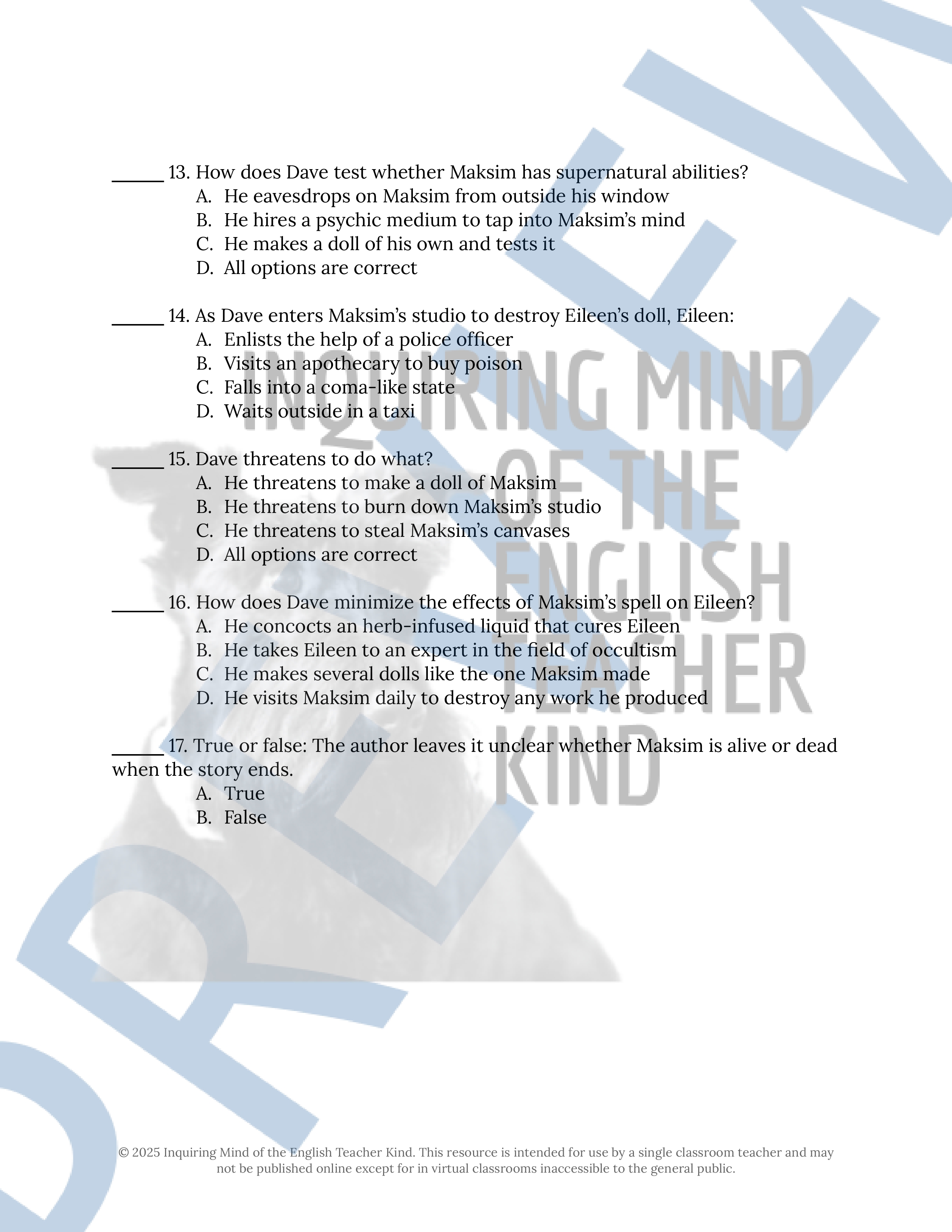 "The Evil Doll" by Hannes Bok Quiz and Answer Key (Halloween Horror ...