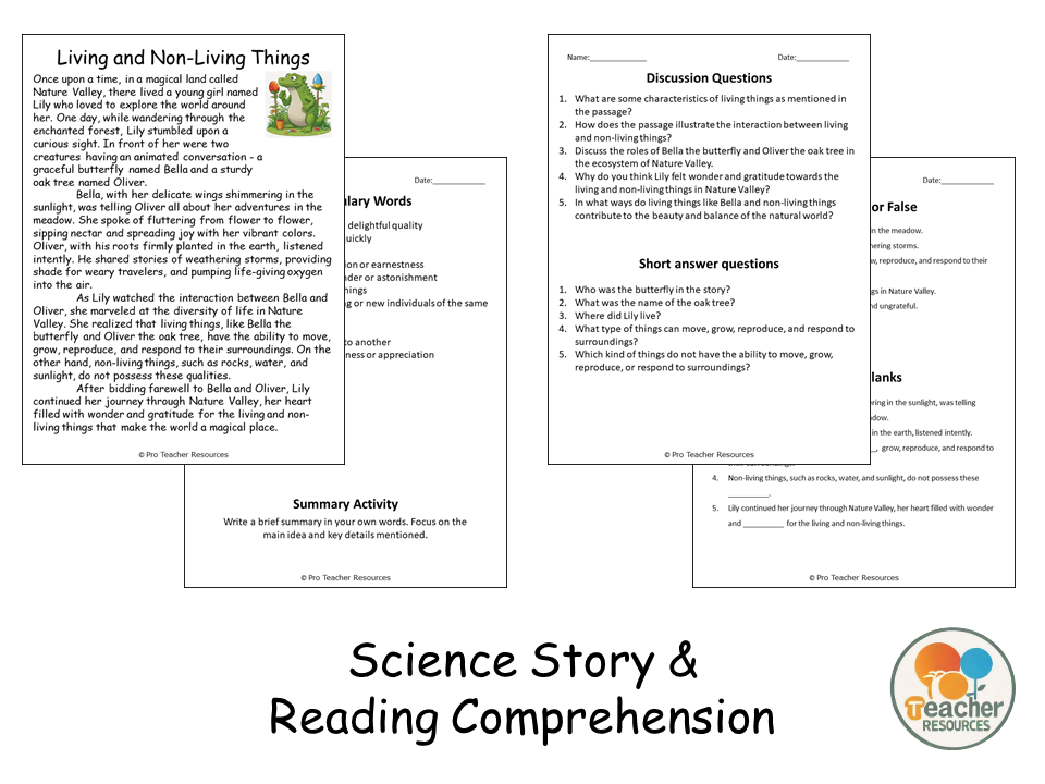 Living and Non-Living Things Reading Science Story Comprehension ...
