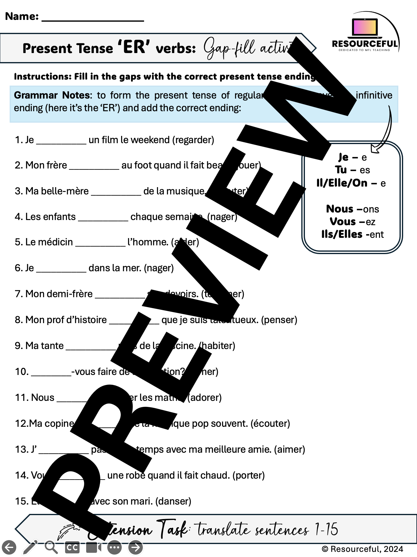 French Present Tense Verbs Grammar ER/IR/RE Gapfill Worksheets ...