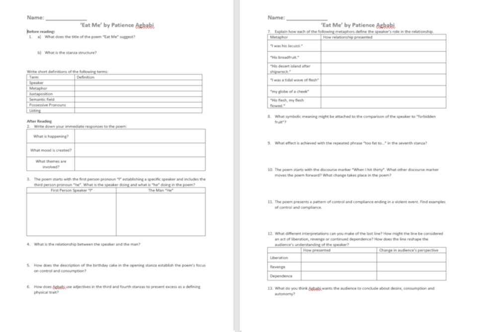 ‘Eat Me’ by Patience Agbabi Student Worksheet (with answers) and ...