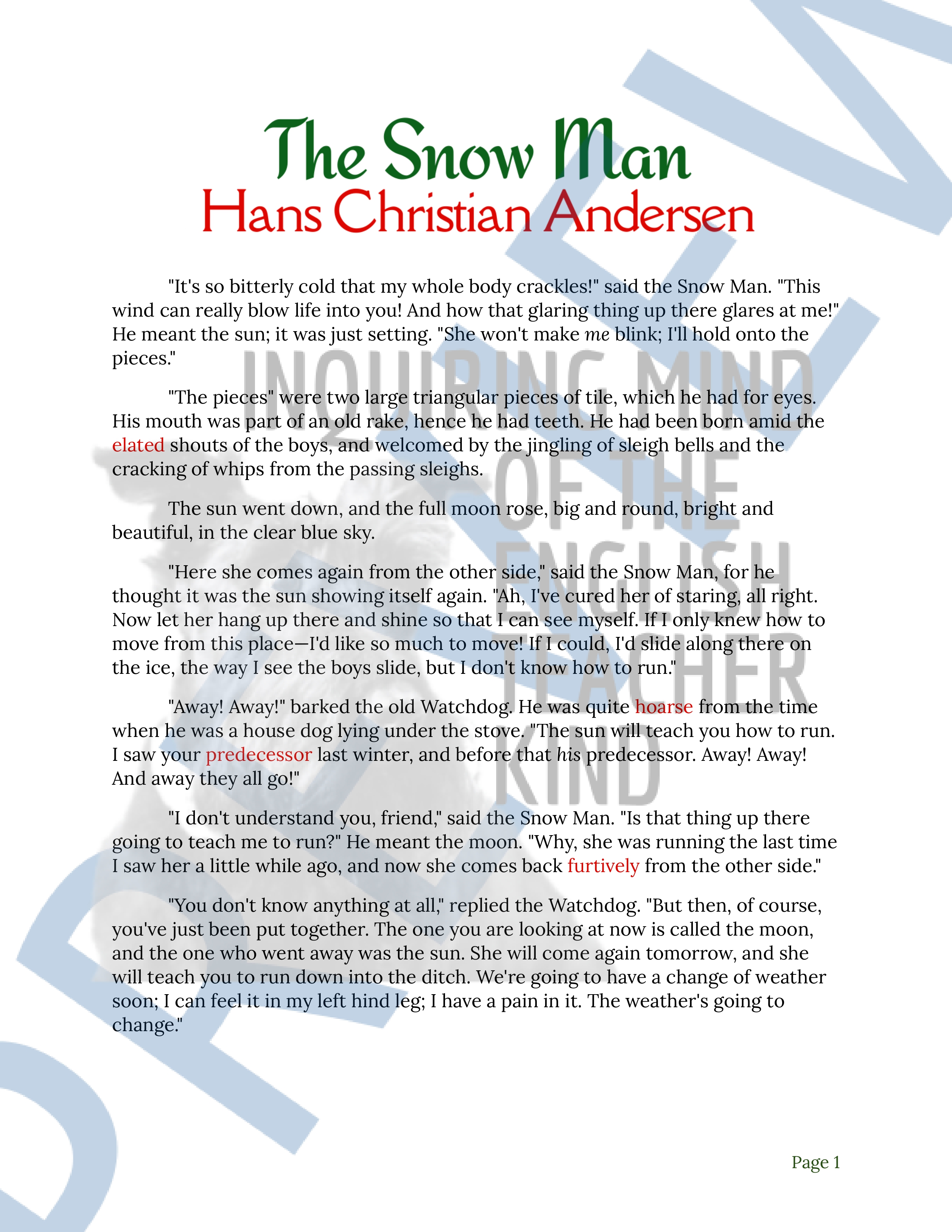 "The Snow Man" by Hans Christian Andersen Quiz and Answer Key | Winter ...
