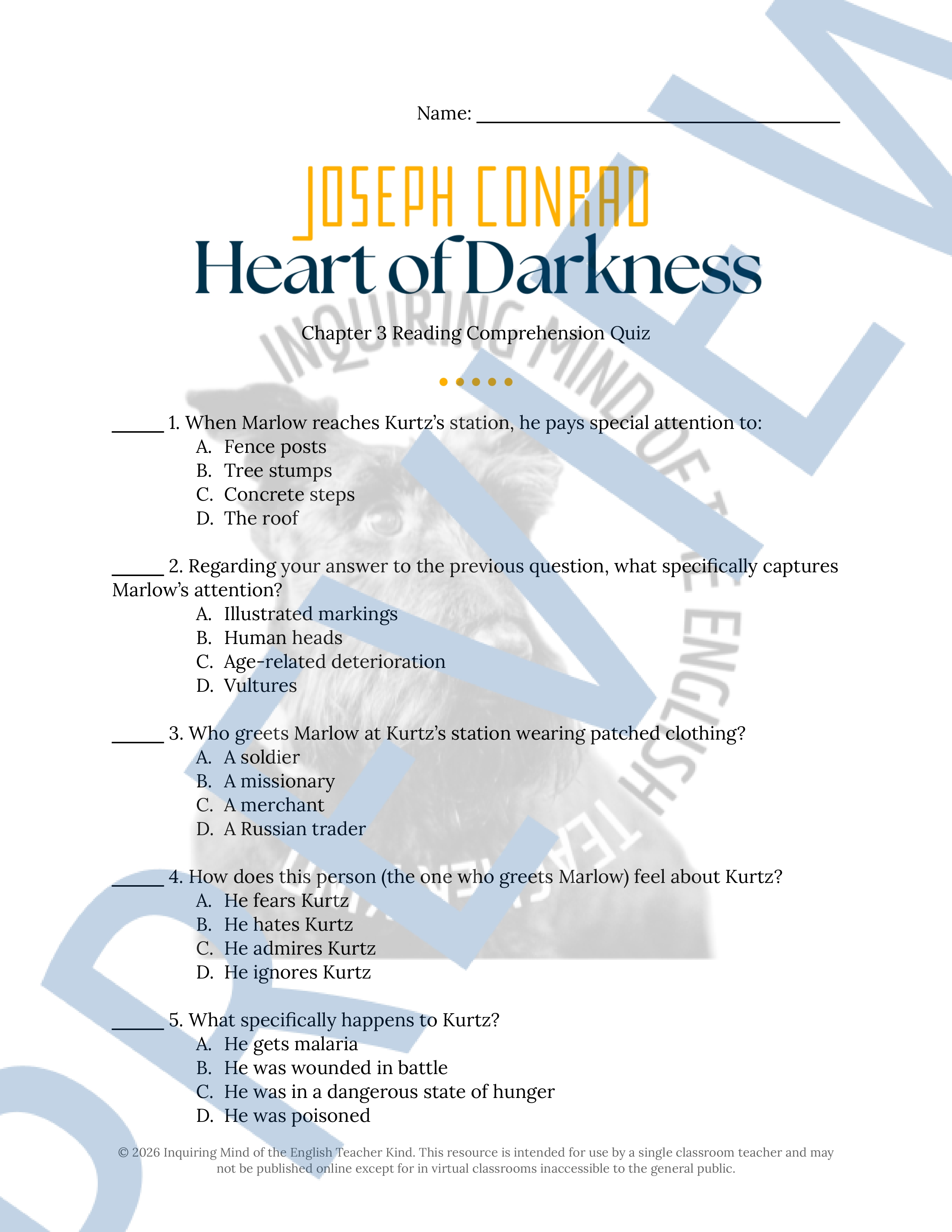 Heart of Darkness Chapter 3 Quiz and Answer Key | Reading Comprehension ...