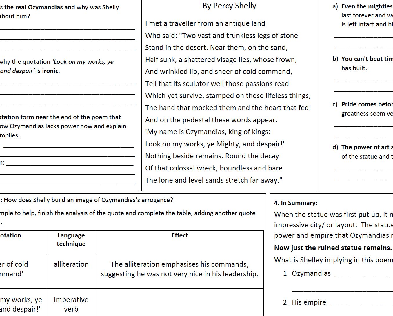 Ozymandias (Power & Conflict) Poetry Analysis Worksheet | Teaching ...