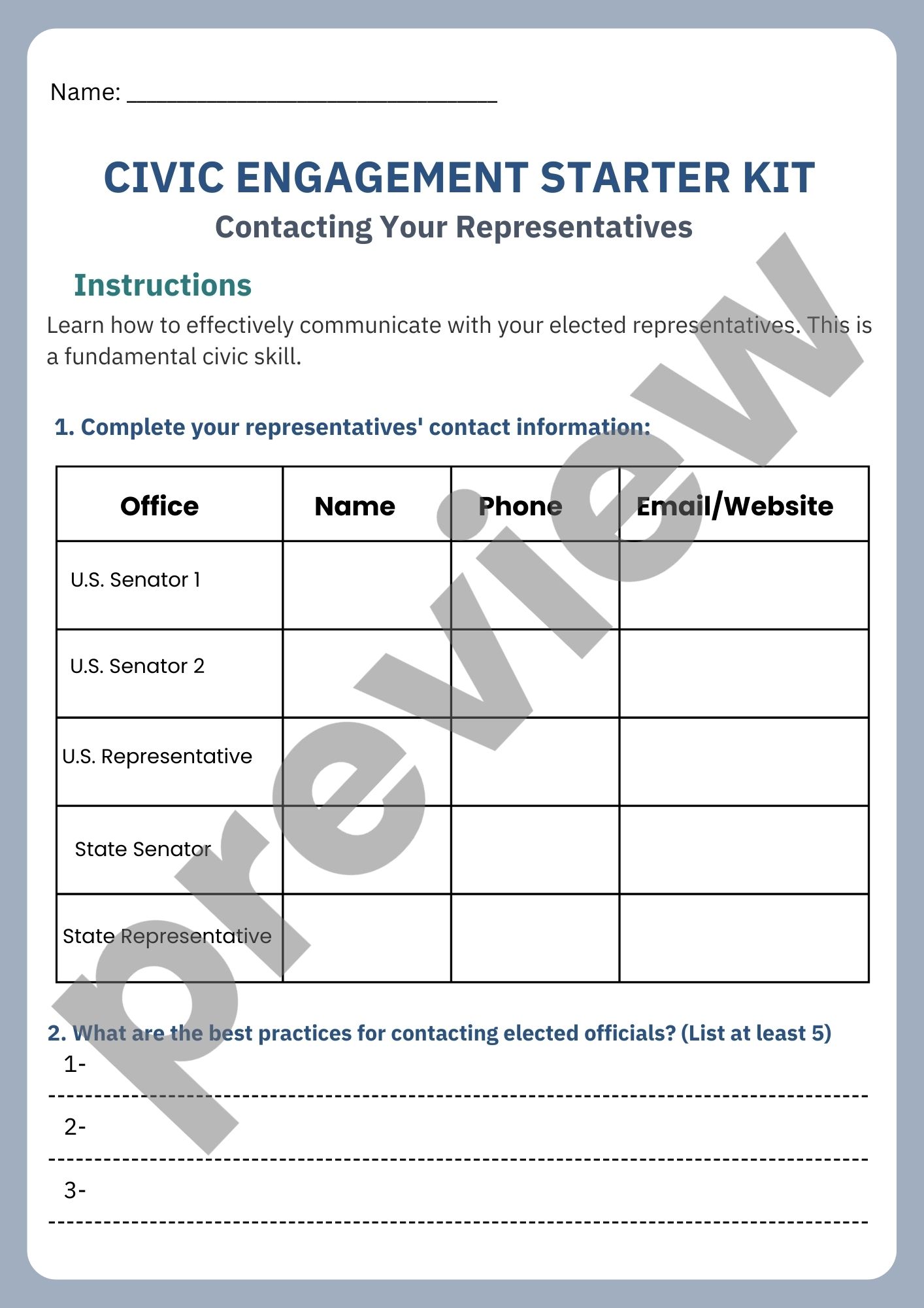 Contacting Your Representatives - Civic Engagement Worksheet | Social Studies | Teaching Resources