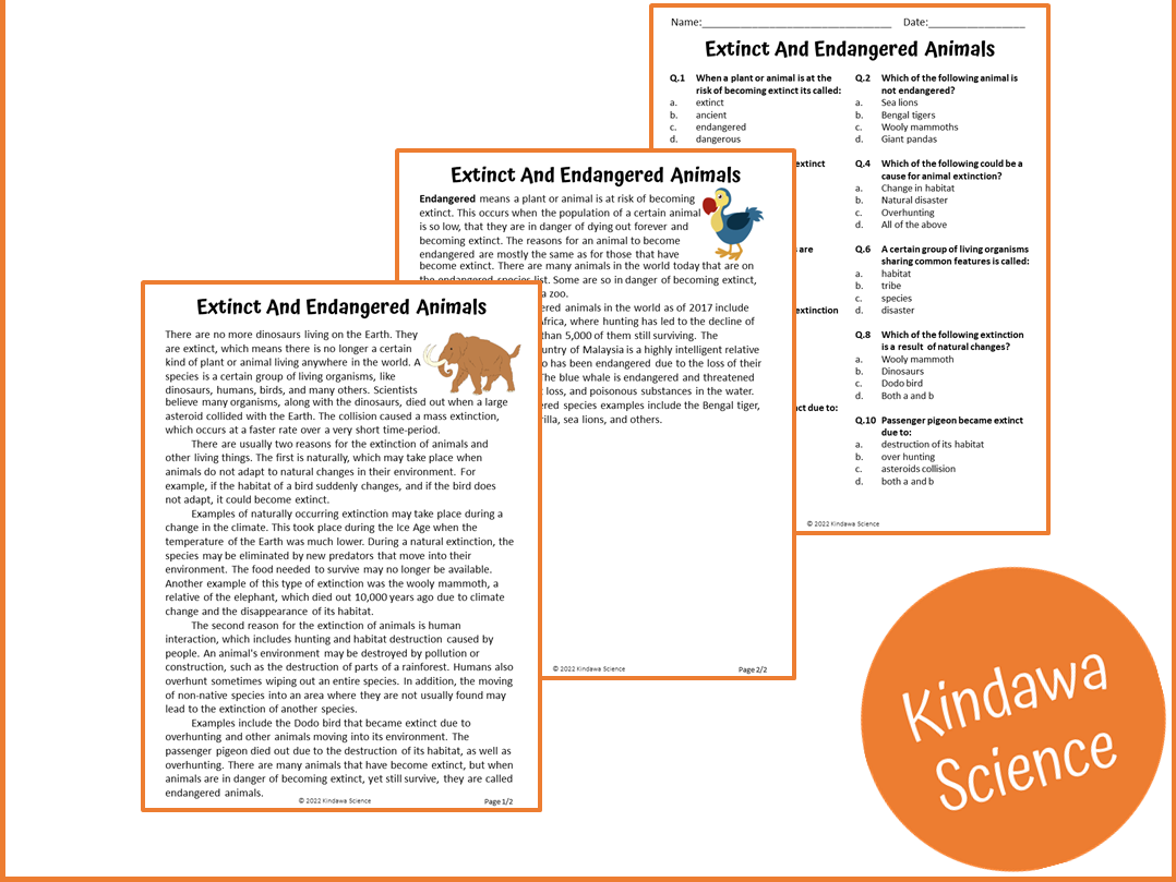 Extinct And Endangered Animals Reading Comprehension Passage And