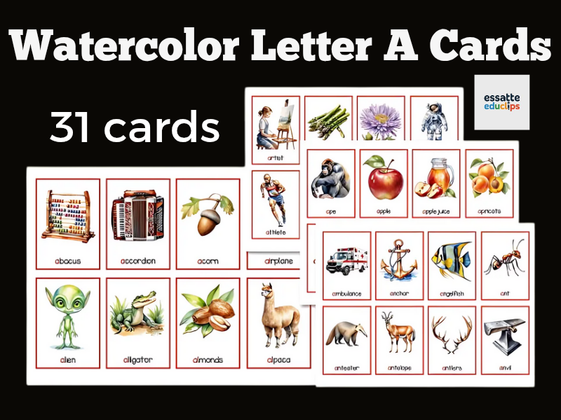 Watercolor Letter A Cards – 31 Phonics Vocabulary Flashcards for Early ...