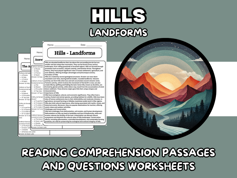 Hills - Landforms Reading Comprehension Passages & Questions Worksheets ...