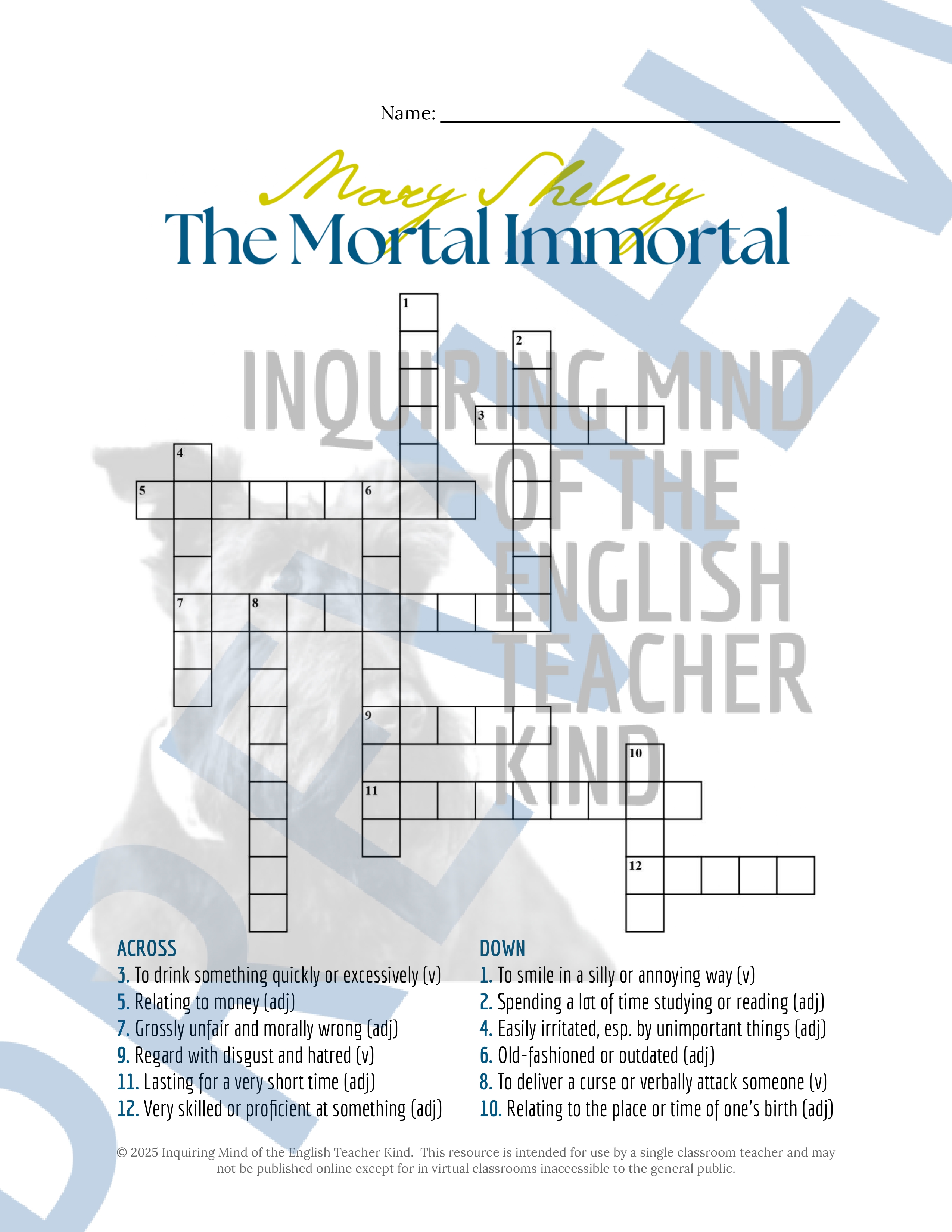 "The Mortal Immortal" by Mary Shelley Vocabulary Enrichment Activities ...