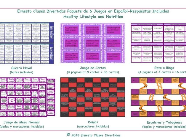 Healthy Lifestyle and Nutrition 6 Spanish Game Bundle | Teaching Resources