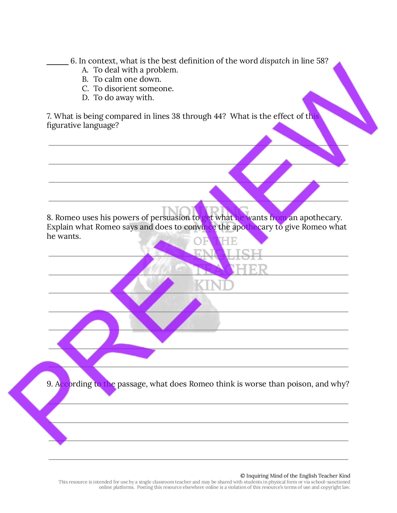 Romeo and Juliet Act 5 Scene 1 Close Reading Worksheet | Teaching Resources