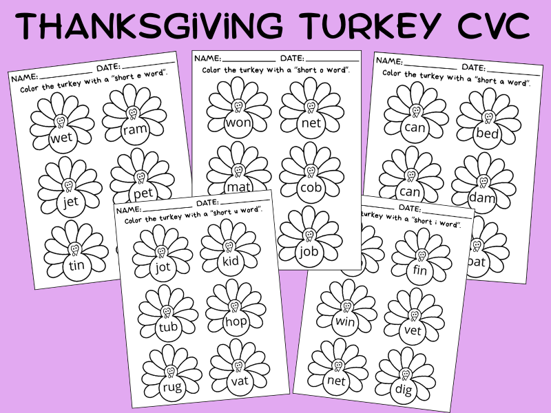 Thanksgiving Turkey CVC Word Sort | Short A, E, I, O, U Vowel Sound ...