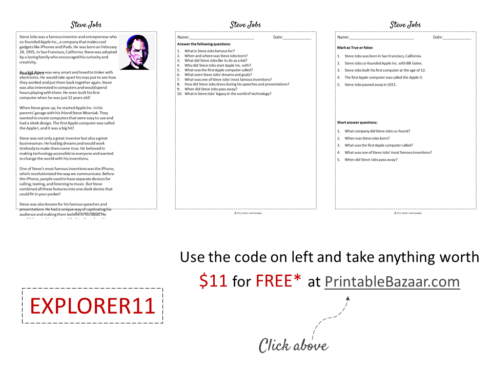 Steve Jobs Biography Reading Comprehension Passage Printable Worksheet ...