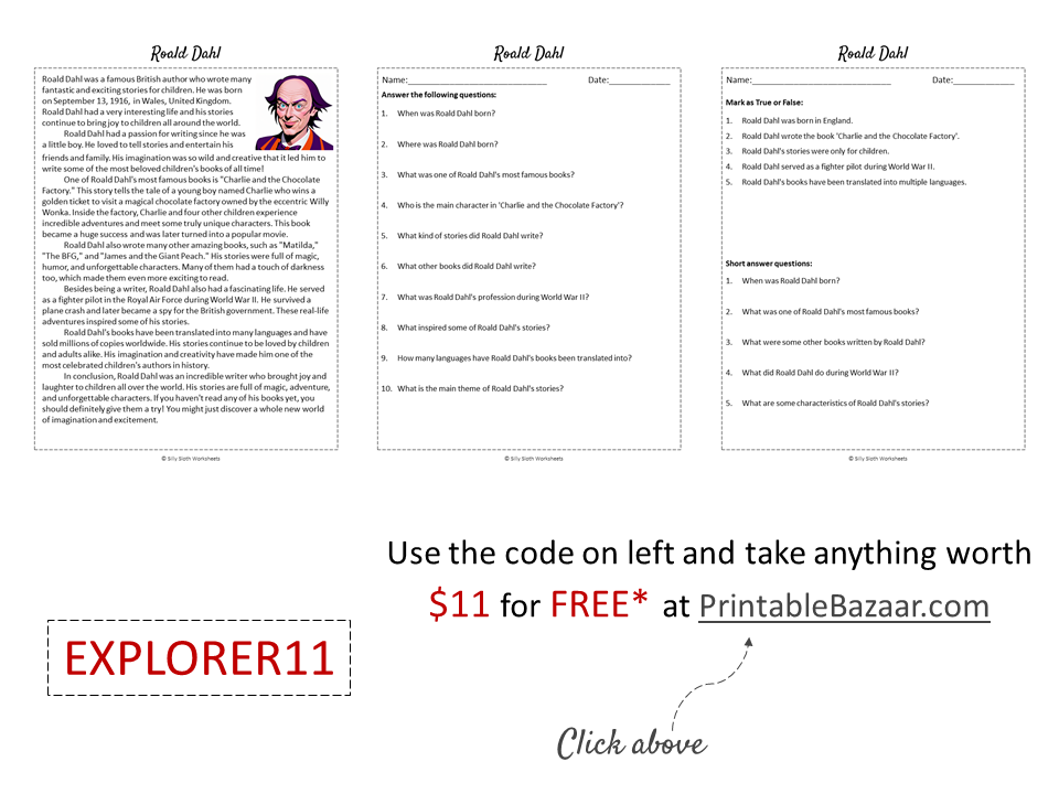 Roald Dahl Biography Reading Comprehension Passage Printable Worksheet ...