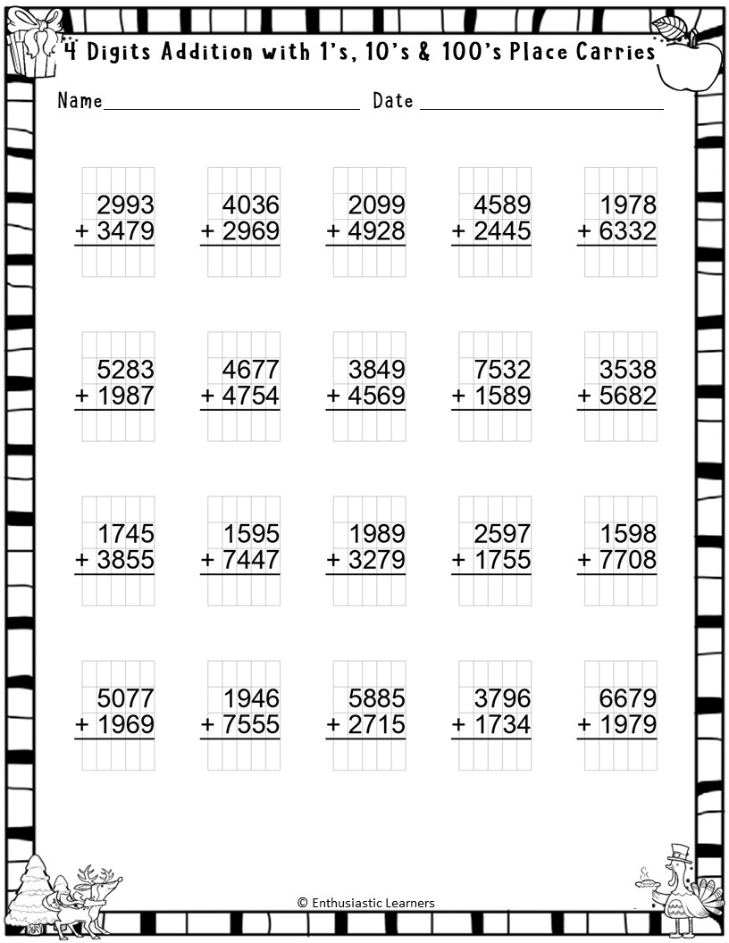 4-Digit Addition with One’s, Ten’s & Hundred’s Place Carrying ...